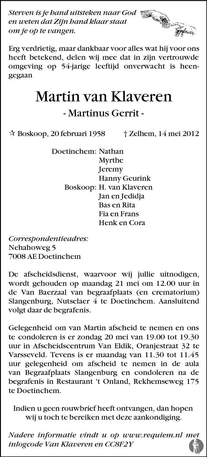 Martinus Gerrit (Martin) van Klaveren 14-05-2012 overlijdensbericht en ...