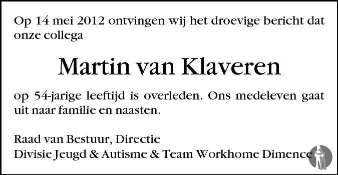 Martinus Gerrit (Martin) van Klaveren 14-05-2012 overlijdensbericht en ...