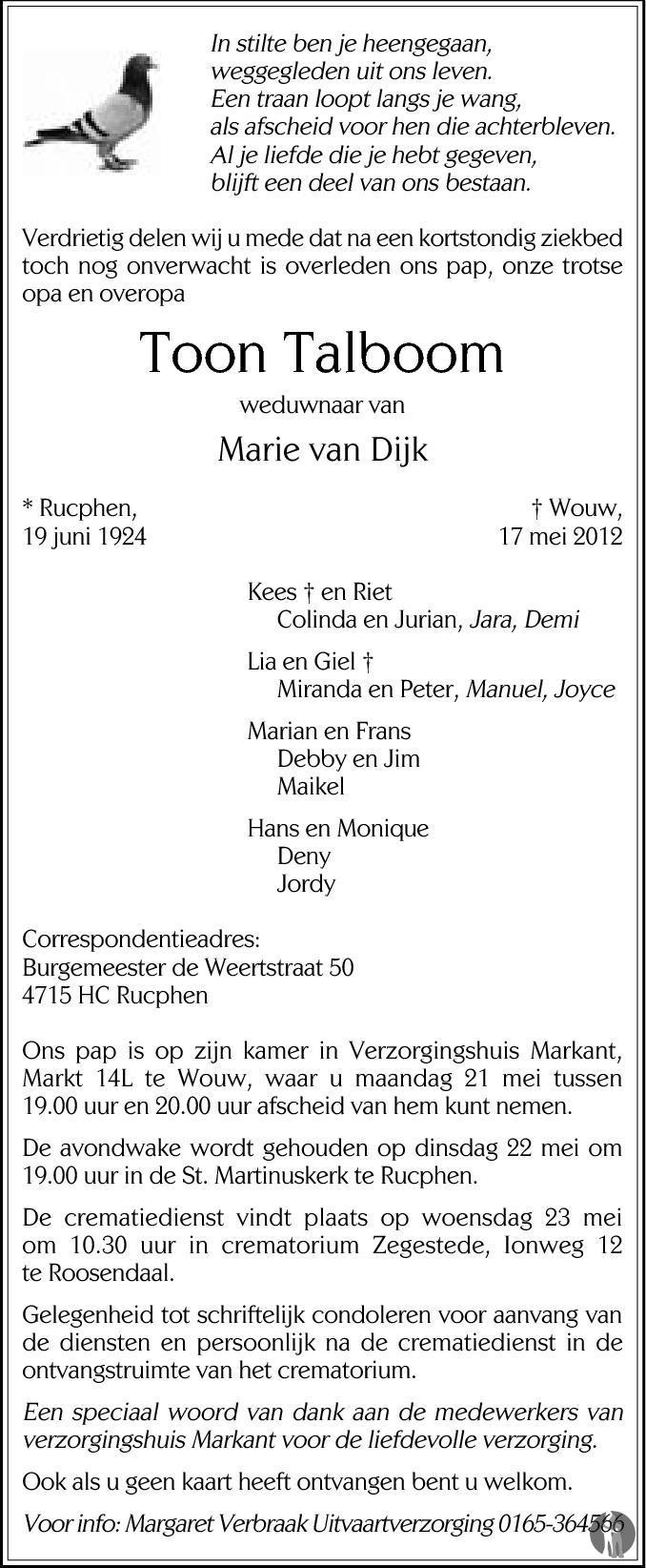 Toon Talboom 17-05-2012 overlijdensbericht en condoleances - Mensenlinq.nl