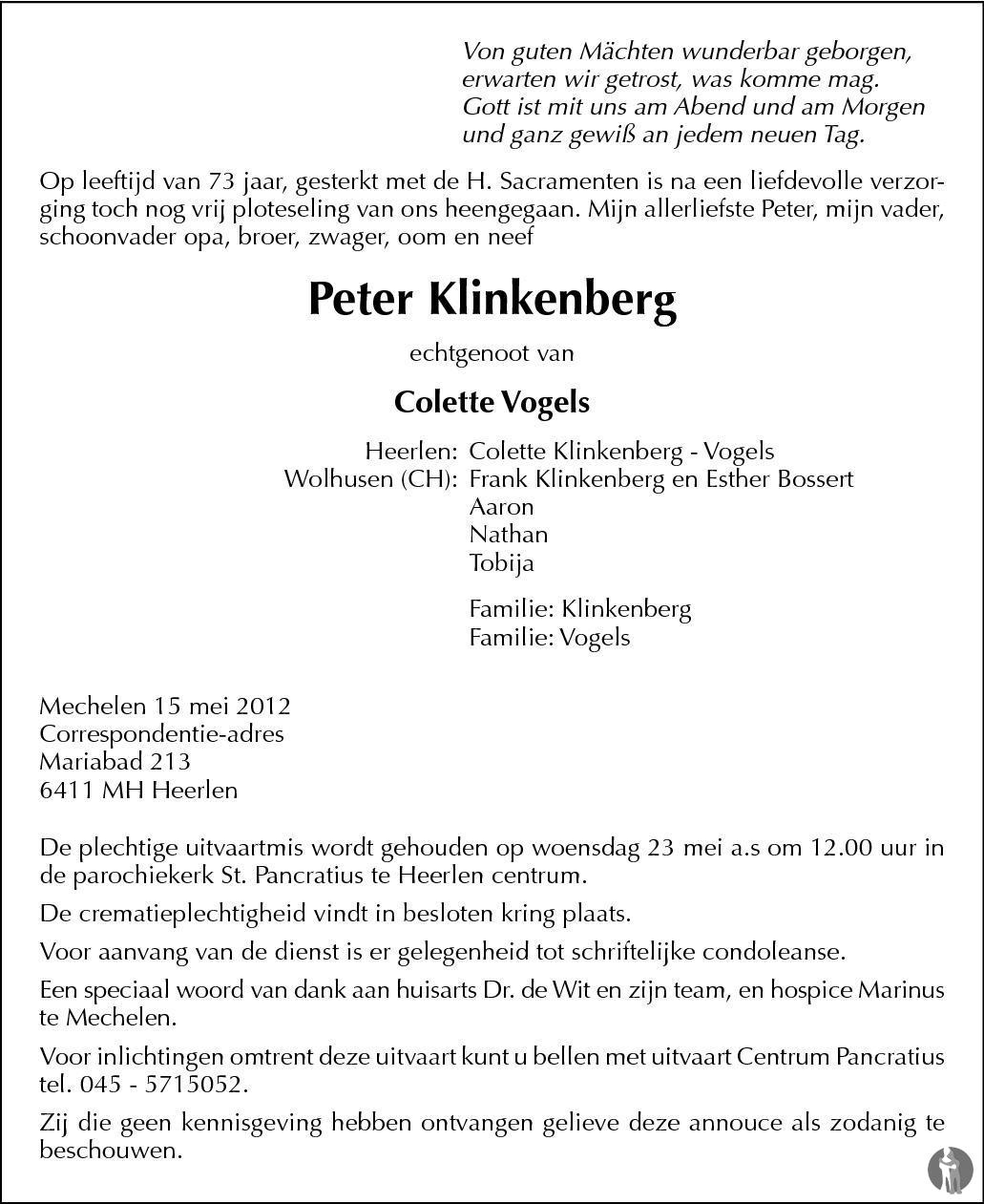 Peter Klinkenberg 15-05-2012 overlijdensbericht en condoleances ...