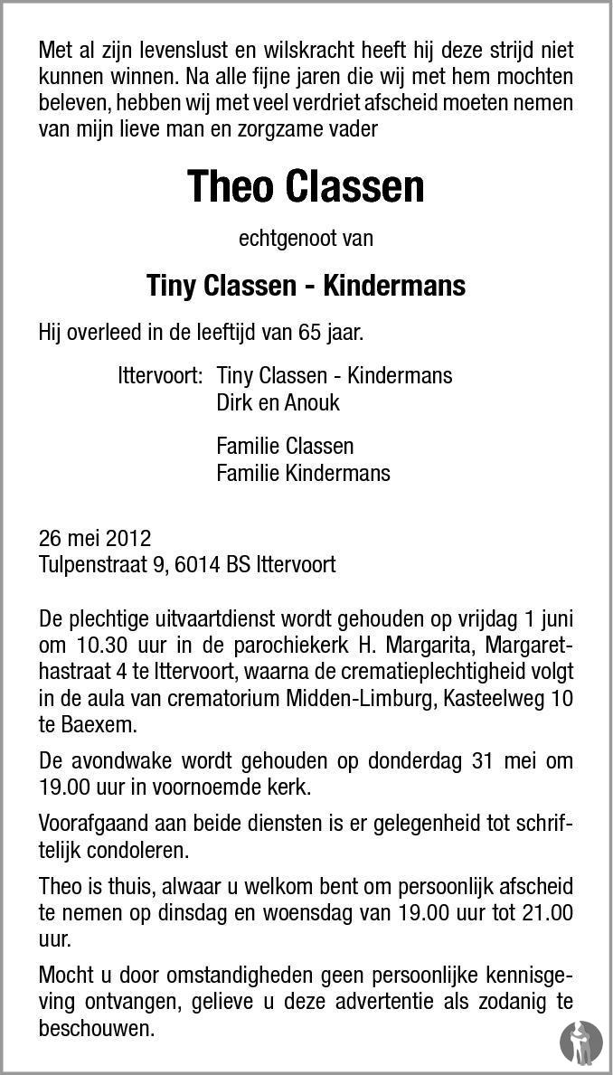 Theo Classen 26-05-2012 overlijdensbericht en condoleances - Mensenlinq.nl