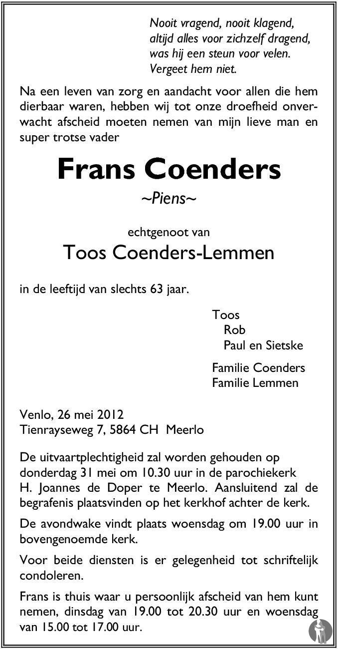 Frans (Piens) Coenders 26-05-2012 overlijdensbericht en condoleances ...