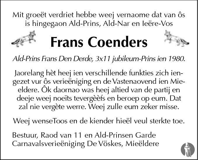 Frans (Piens) Coenders 26-05-2012 overlijdensbericht en condoleances ...