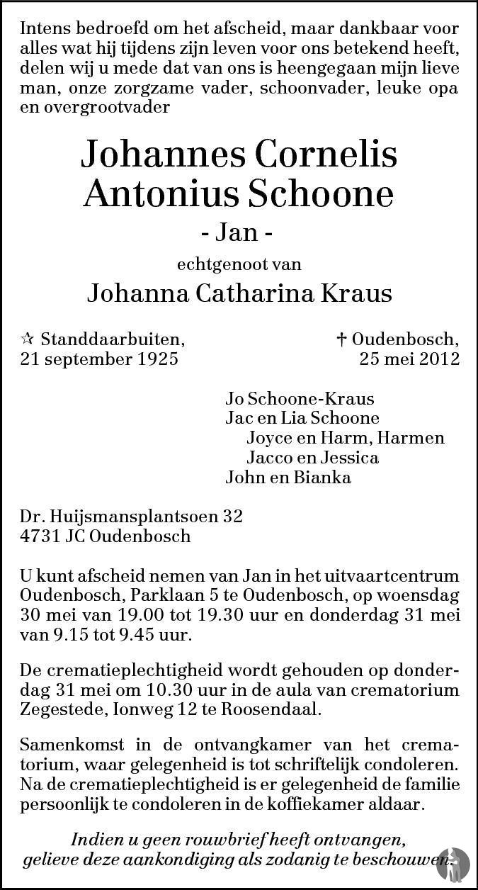 Johannes Cornelis Antonius (Jan) Schoone 25-05-2012 overlijdensbericht ...