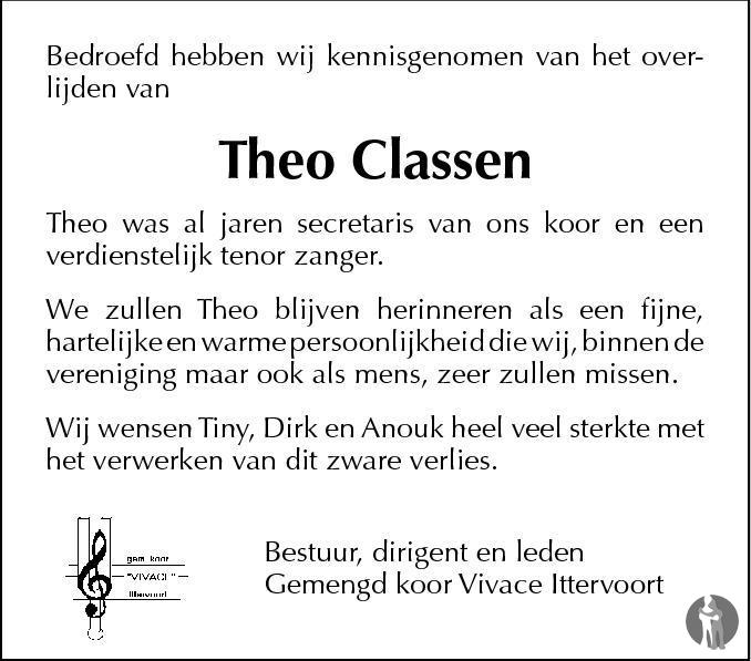 Theo Classen 26-05-2012 overlijdensbericht en condoleances - Mensenlinq.nl