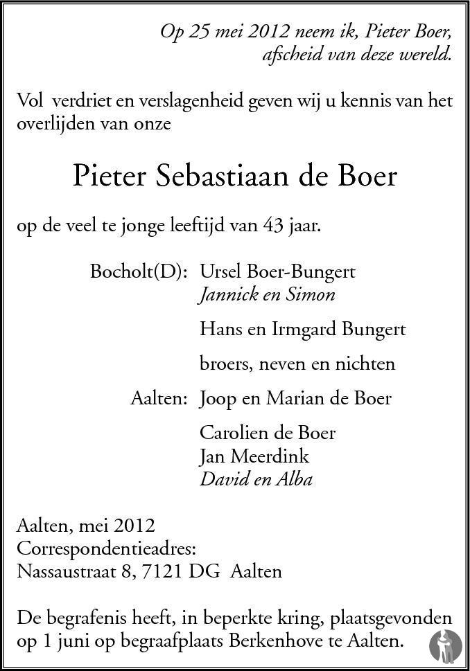 Pieter Sebastiaan de Boer 25-05-2012 overlijdensbericht en condoleances ...