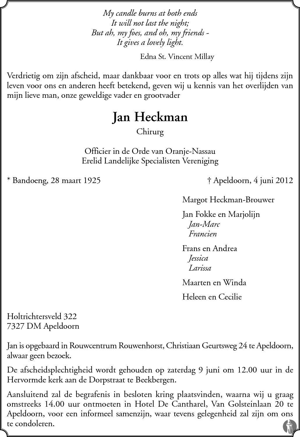Jan Heckman 04-06-2012 overlijdensbericht en condoleances - Mensenlinq.nl
