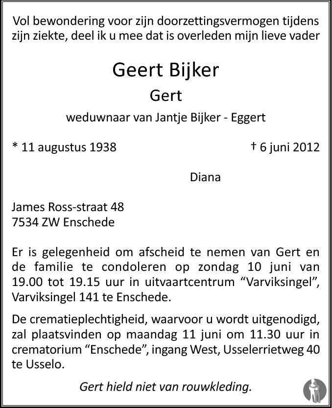 Geert (Gert) Bijker 06-06-2012 overlijdensbericht en condoleances ...
