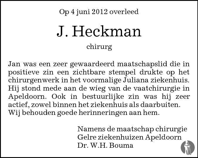 Jan Heckman 04-06-2012 overlijdensbericht en condoleances - Mensenlinq.nl