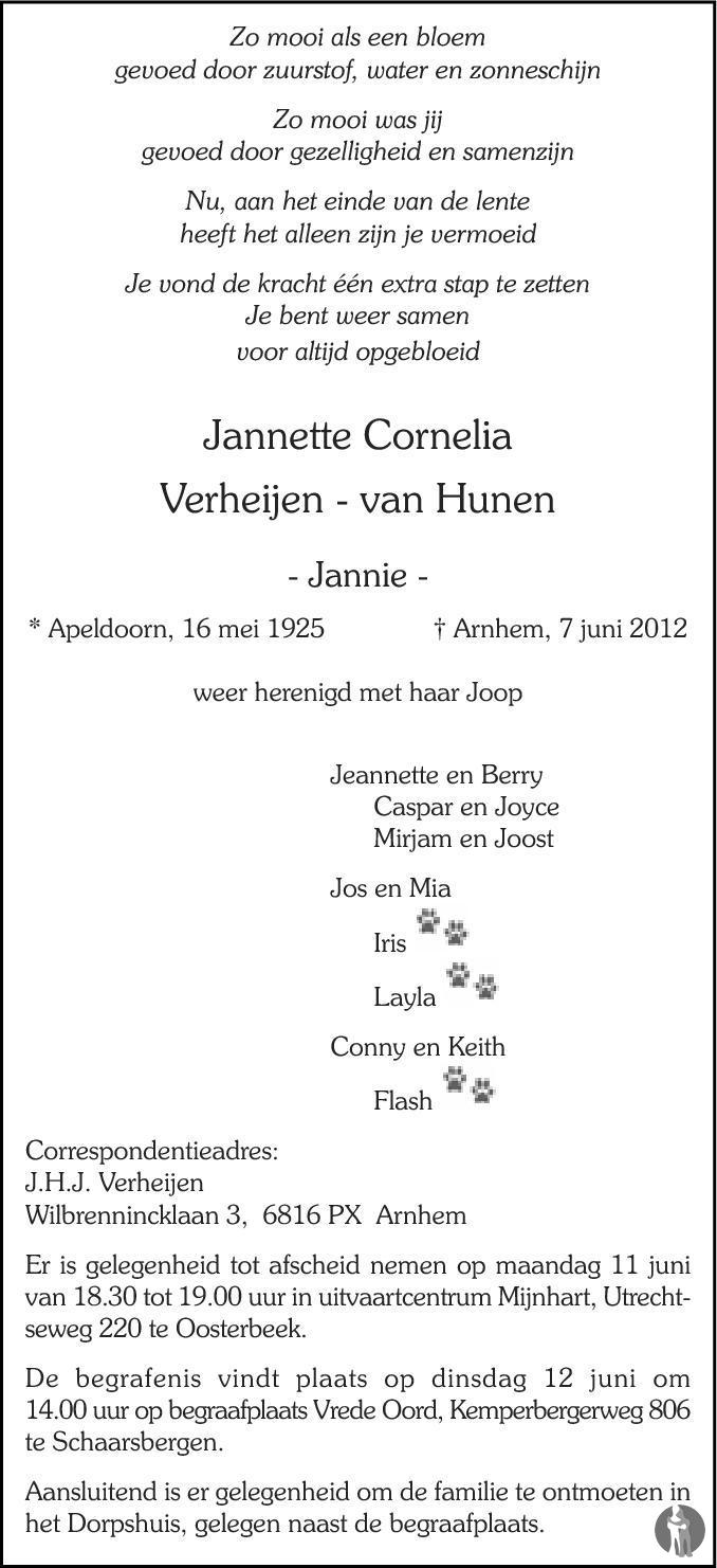 Jannette Cornelia (Jannie) Verheijen - van Hunen 07-06-2012 ...