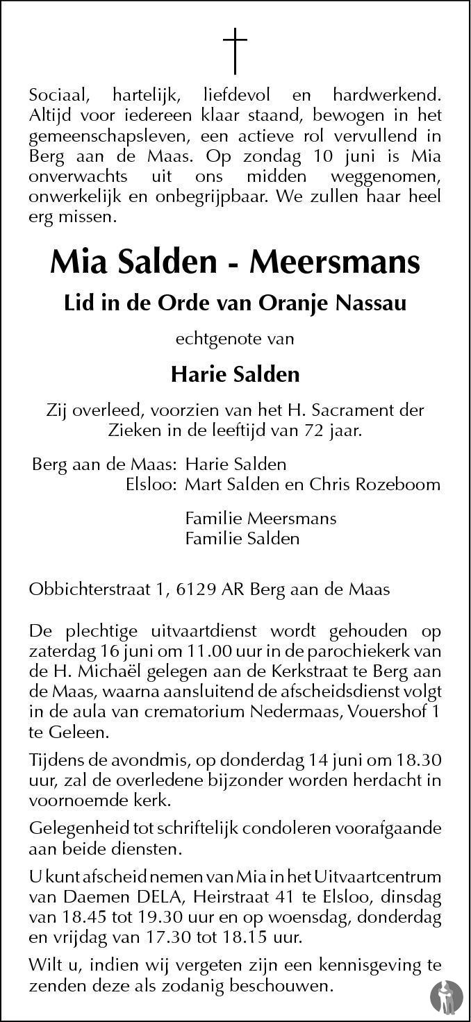 Mia Salden - Meersmans 10-06-2012 overlijdensbericht en condoleances ...