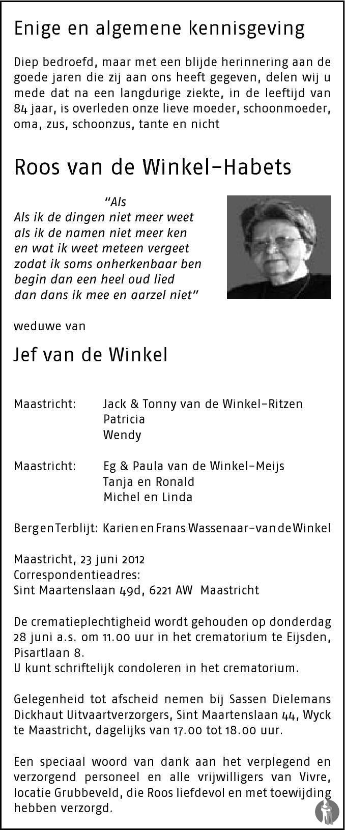 Roos van de Winkel - Habets 23-06-2012 overlijdensbericht en ...