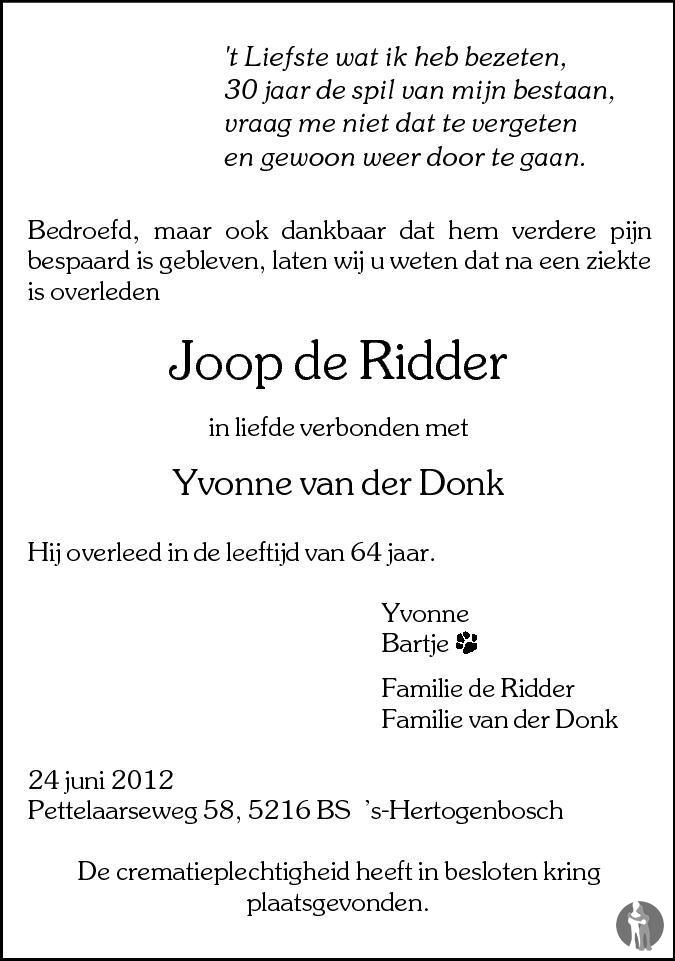 Joop de Ridder 24-06-2012 overlijdensbericht en condoleances ...