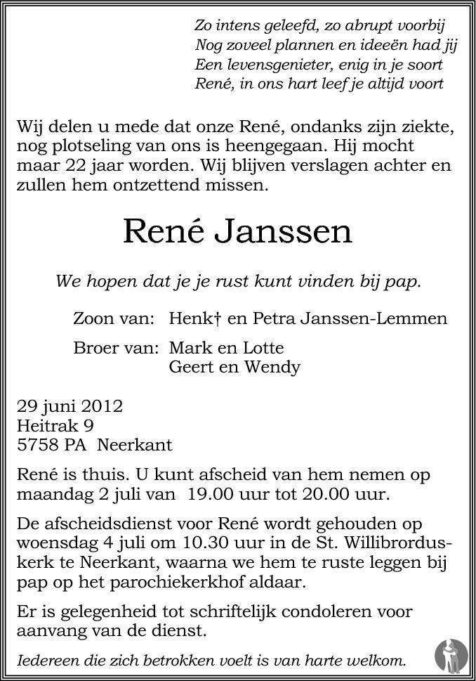 René Janssen 29-06-2012 overlijdensbericht en condoleances - Mensenlinq.nl