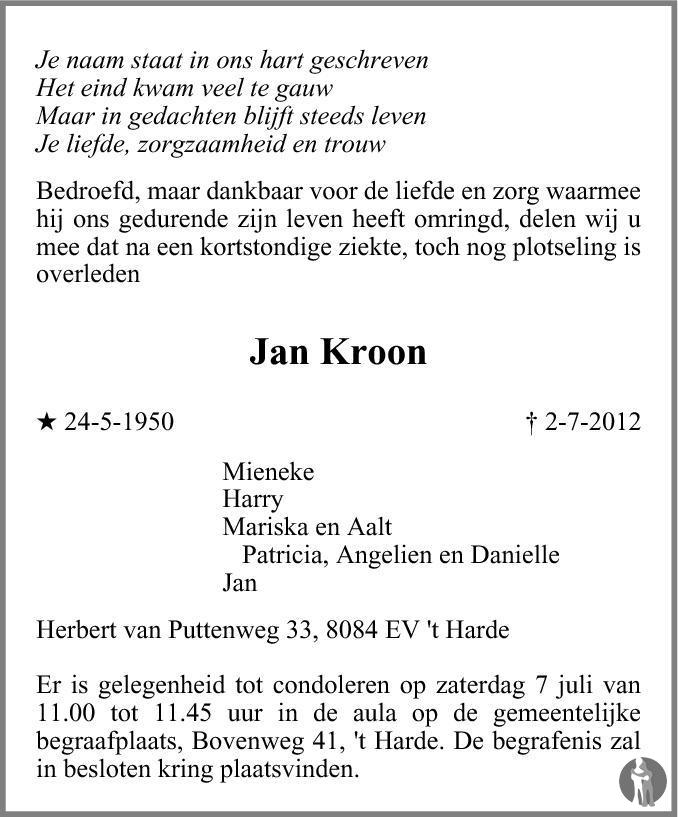Jan Kroon 02-07-2012 overlijdensbericht en condoleances - Mensenlinq.nl