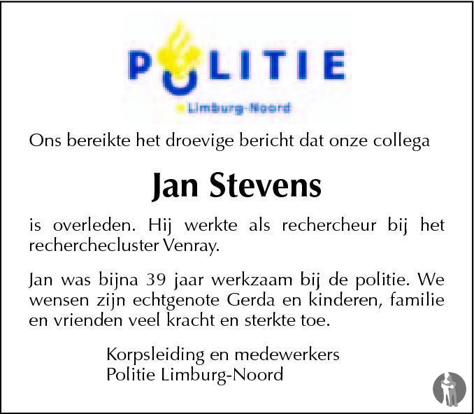 Jan Stevens 03-07-2012 overlijdensbericht en condoleances - Mensenlinq.nl