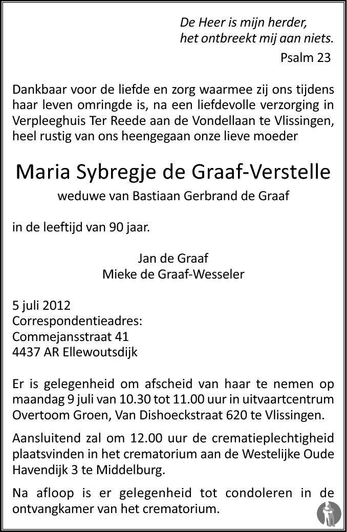 Maria Sybregje de Graaf - Verstelle 05-07-2012 overlijdensbericht en ...