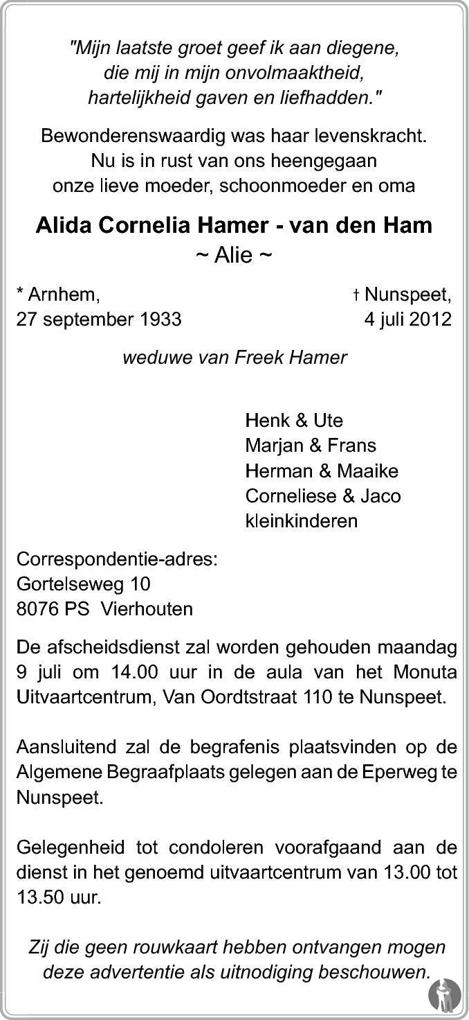 Alida Cornelia (Alie) Hamer - van den Ham 04-07-2012 overlijdensbericht ...