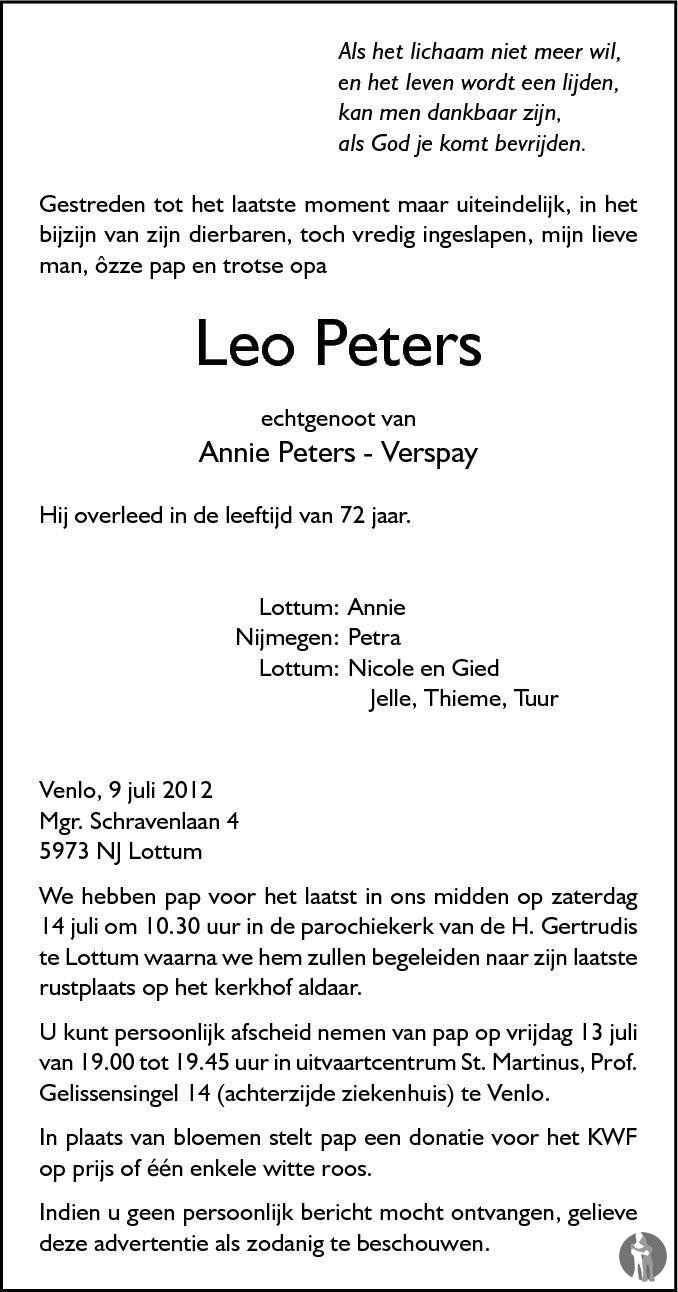 Leo Peters 09-07-2012 overlijdensbericht en condoleances - Mensenlinq.nl