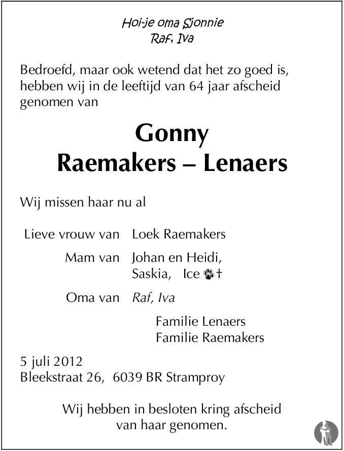 Gonny Raemakers - Lenaers 05-07-2012 overlijdensbericht en condoleances ...