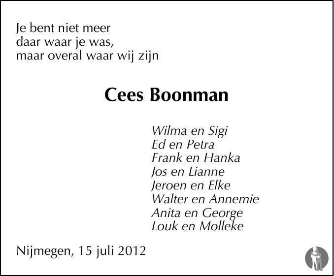 Cornelis Petrus Maria (Cees) Boonman 15-07-2012 overlijdensbericht en ...