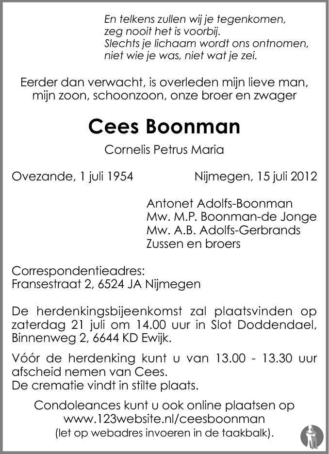 Cornelis Petrus Maria (Cees) Boonman 15-07-2012 overlijdensbericht en ...