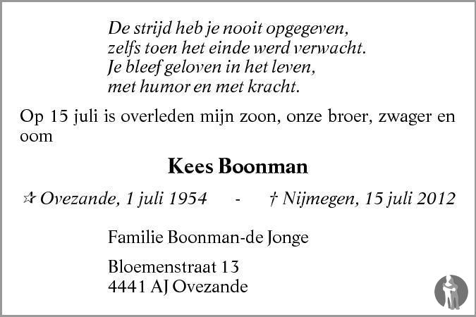 Cornelis Petrus Maria (Cees) Boonman 15-07-2012 overlijdensbericht en ...