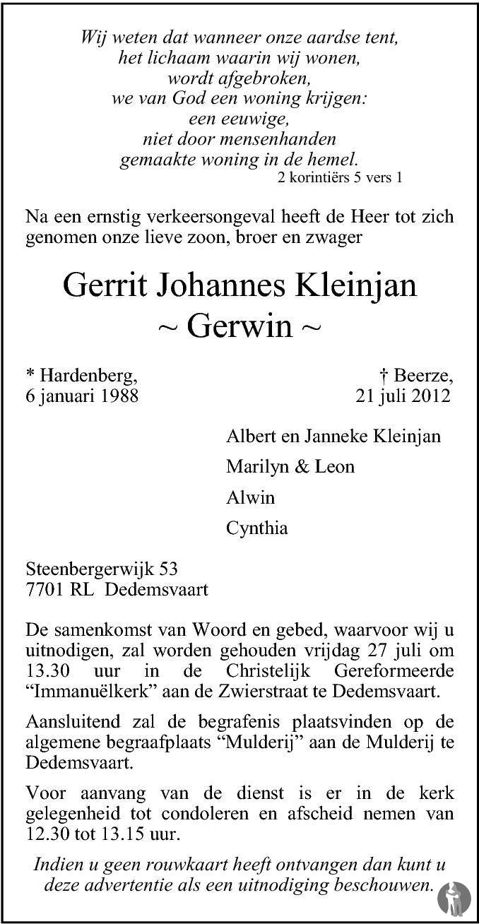 Gerrit Johannes (Gerwin) Kleinjan 21-07-2012 overlijdensbericht en ...