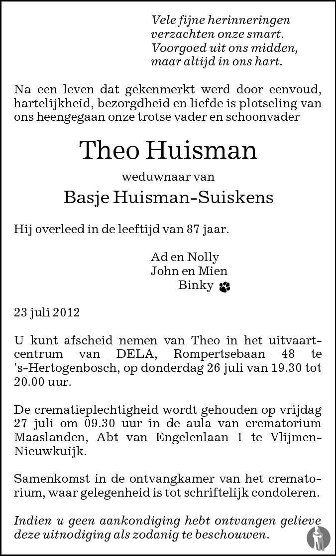 Theo Huisman 23-07-2012 overlijdensbericht en condoleances - Mensenlinq.nl