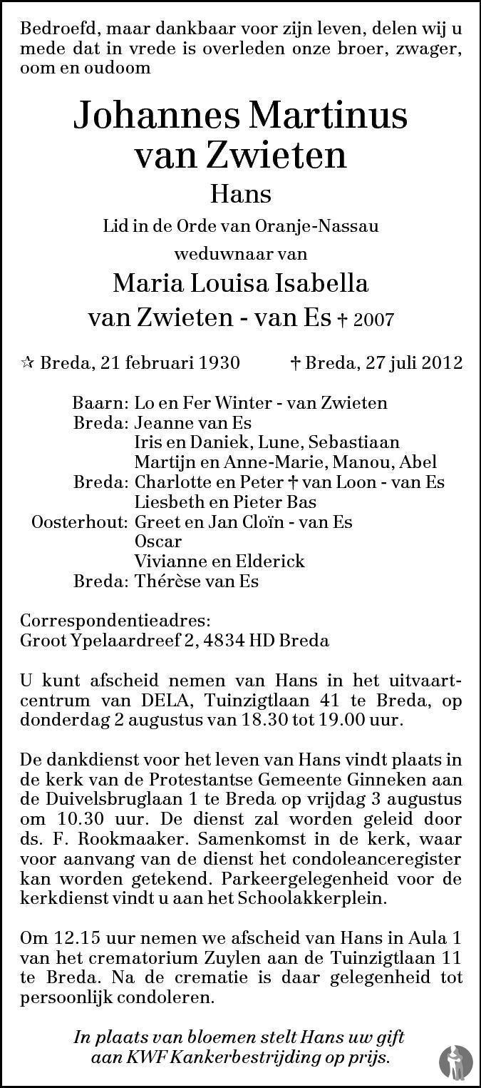 Johannes Martinus (Hans) van Zwieten 27-07-2012 overlijdensbericht en ...