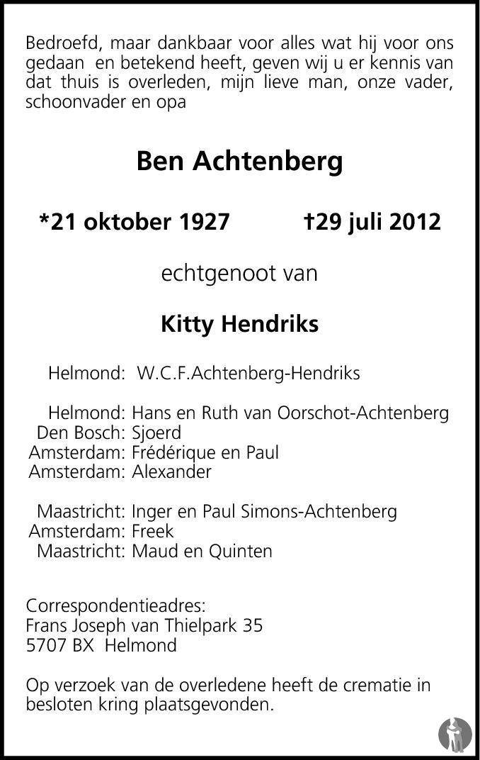 Ben Achtenberg 29-07-2012 overlijdensbericht en condoleances ...