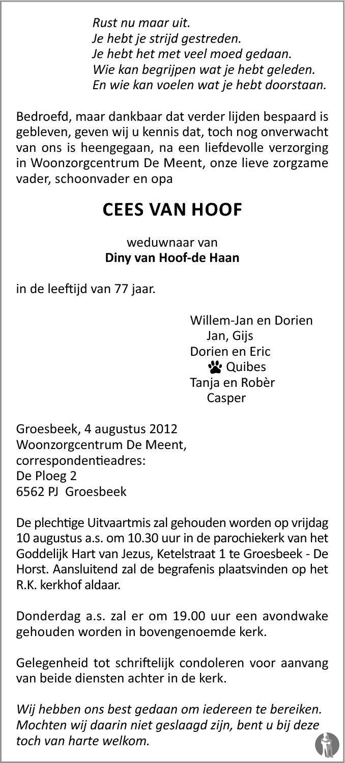 Cees van Hoof 04-08-2012 overlijdensbericht en condoleances - Mensenlinq.nl