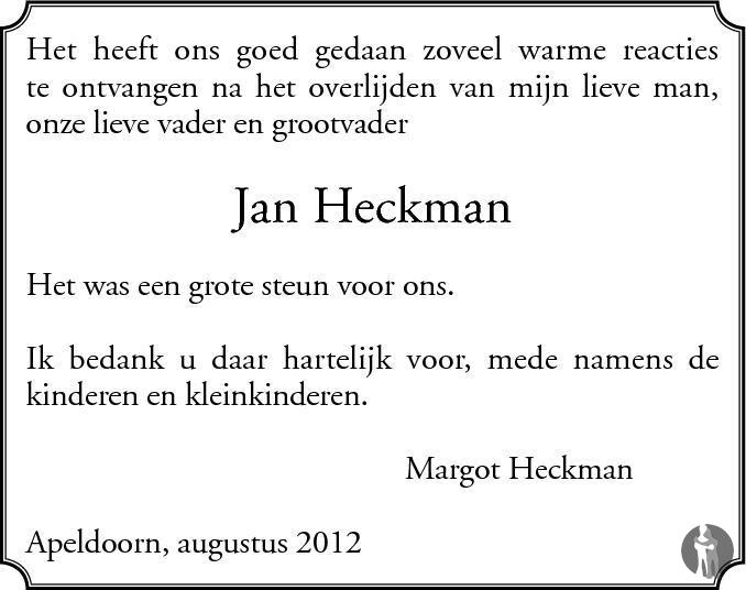 Jan Heckman 04-06-2012 overlijdensbericht en condoleances - Mensenlinq.nl