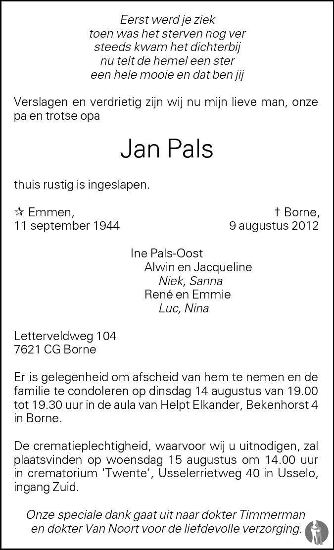 Jan Pals 09-08-2012 overlijdensbericht en condoleances - Mensenlinq.nl