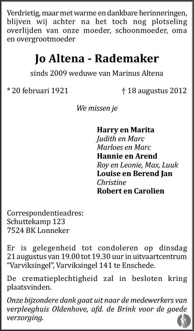 Jo Altena - Rademaker 18-08-2012 overlijdensbericht en condoleances ...