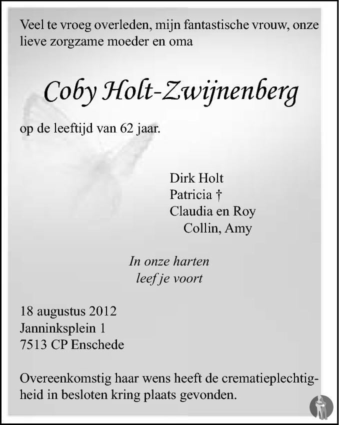 Coby Holt - Zwijnenberg 18-08-2012 overlijdensbericht en condoleances ...
