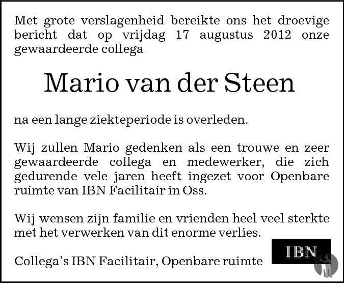 Mario van der Steen 17-08-2012 overlijdensbericht en condoleances ...