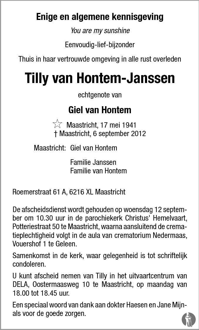 Tilly van Hontem - Janssen 06-09-2012 overlijdensbericht en ...