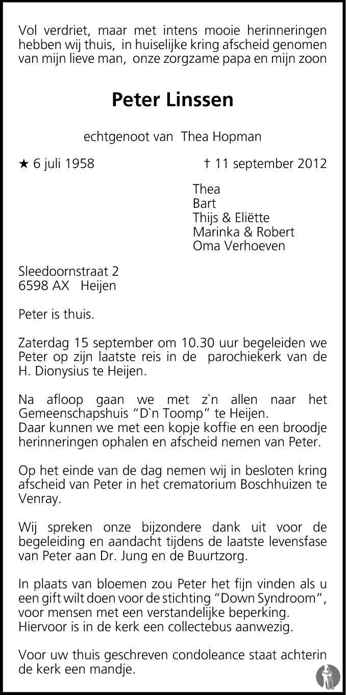 Peter Linssen 11-09-2012 overlijdensbericht en condoleances - Mensenlinq.nl