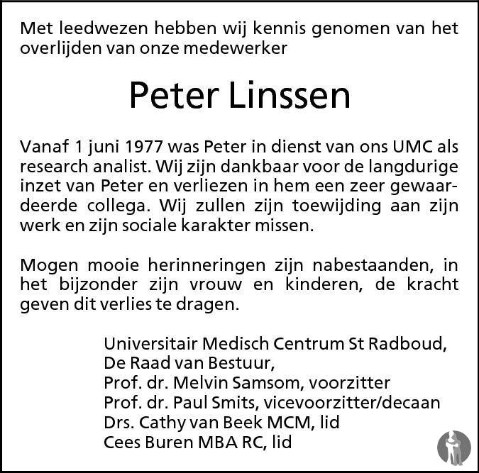 Peter Linssen 11-09-2012 overlijdensbericht en condoleances - Mensenlinq.nl