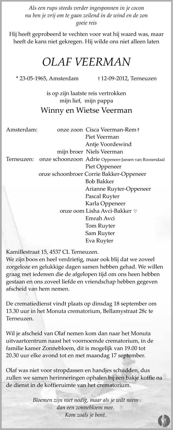 Olaf Veerman 12-09-2012 overlijdensbericht en condoleances - Mensenlinq.nl