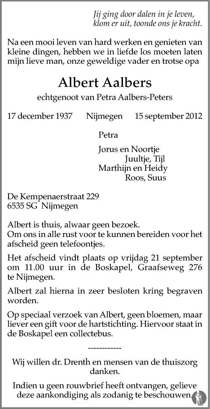 Albert Aalbers 15-09-2012 overlijdensbericht en condoleances ...