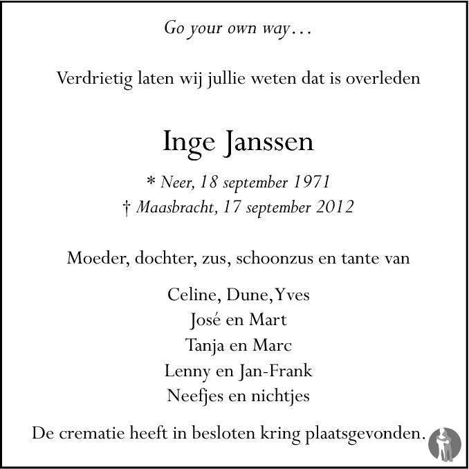 Inge Janssen 17-09-2012 overlijdensbericht en condoleances - Mensenlinq.nl Inge Janssen 17-09-2012 overlijdensbericht en condoleances - Mensenlinq.nl