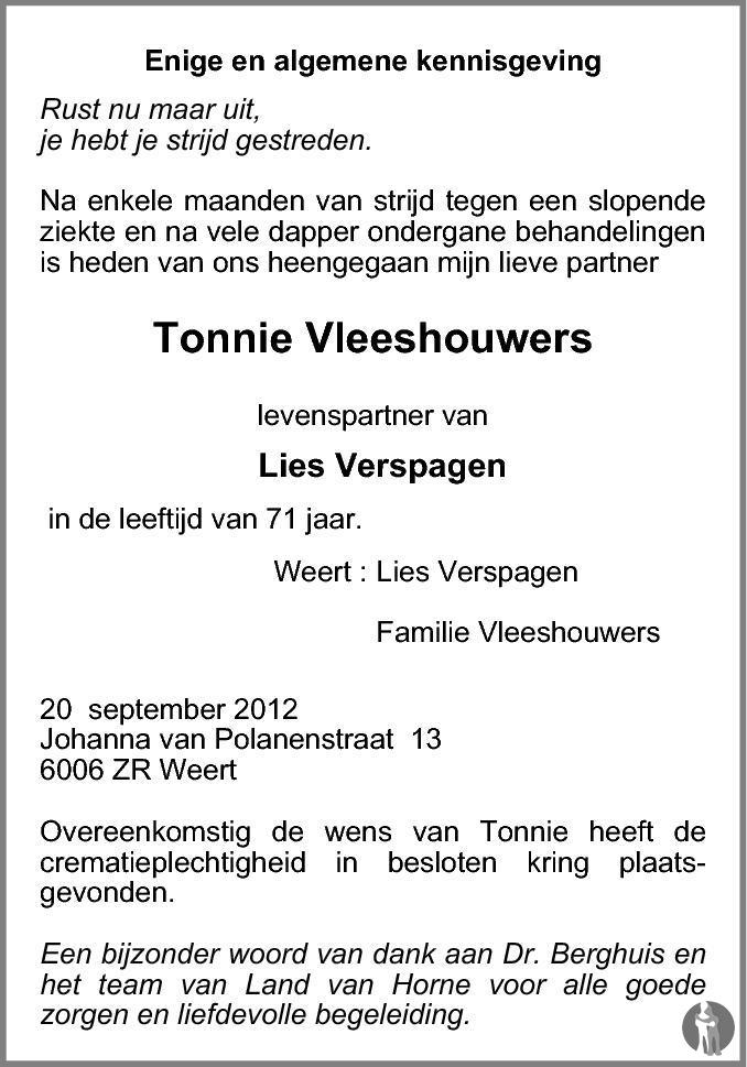 Tonnie Vleeshouwers 20-09-2012 overlijdensbericht en condoleances ...
