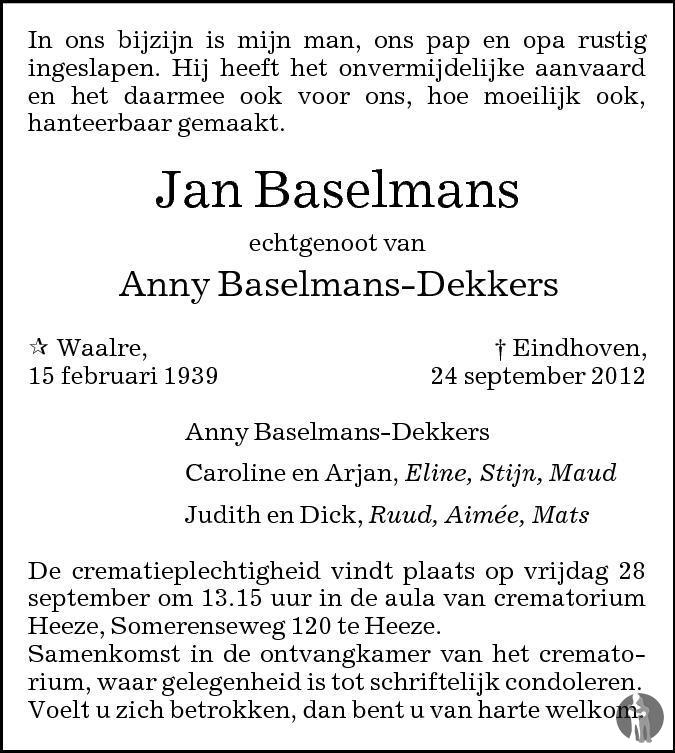 Jan Baselmans 24-09-2012 overlijdensbericht en condoleances - Mensenlinq.nl