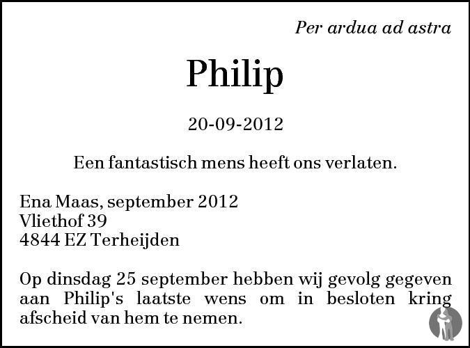 Philip Maas 20-09-2012 overlijdensbericht en condoleances - Mensenlinq.nl