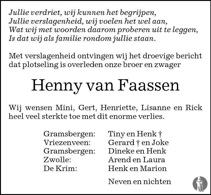Hendrik (Henny) van Faassen 26-09-2012 overlijdensbericht en ...