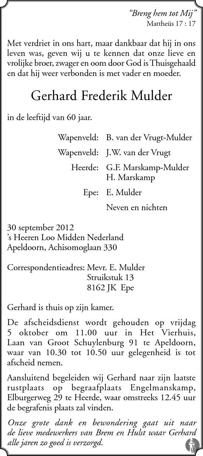 Gerhard Frederik Mulder 30-09-2012 overlijdensbericht en condoleances ...