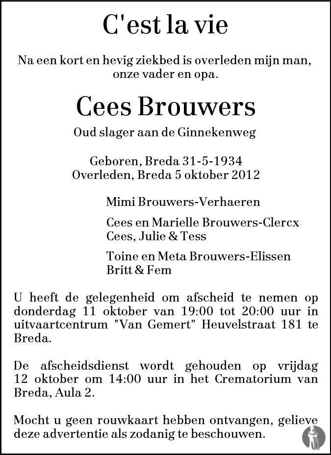 Cees Brouwers 05-10-2012 overlijdensbericht en condoleances - Mensenlinq.nl