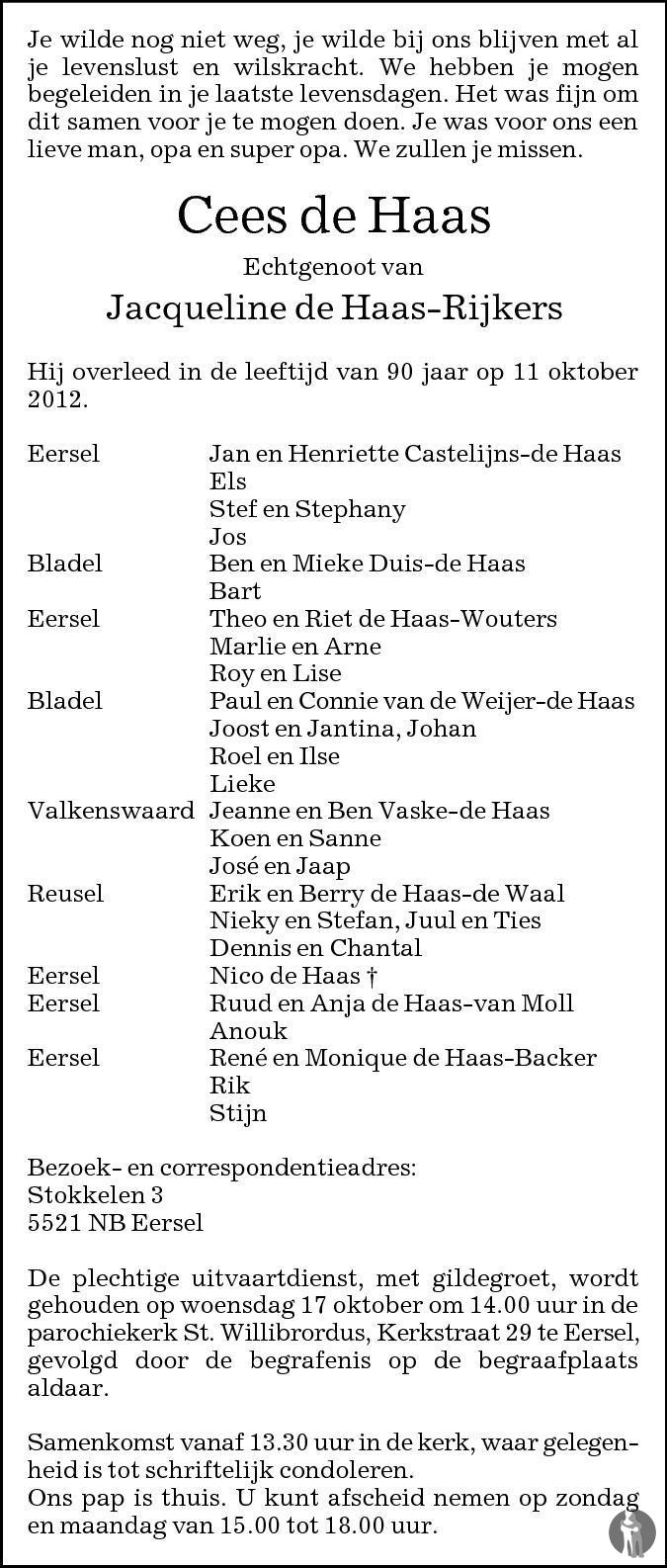 Cees de Haas 11-10-2012 overlijdensbericht en condoleances - Mensenlinq.nl